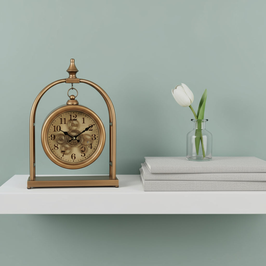 Basil Bedside Table Clock with Moving Gears & Gold Finish – Luxury Co